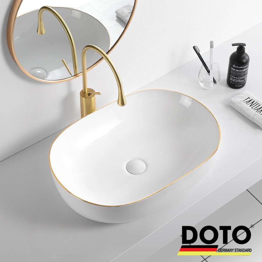 Lavabo Đặt Bàn Oval Trắng Viền Vàng DT-LA37 – Doto – Thiết bị vệ sinh